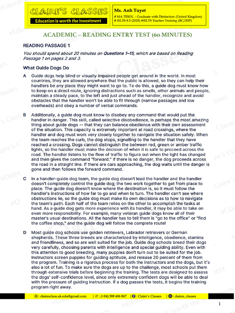 [Claire's Classes] - ACA READING Entry Test | PDF