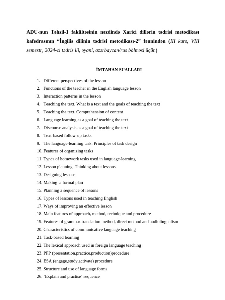 Metodika 2 Imtahan Sualları III Kurs - 2024 | PDF | Learning | Teaching
