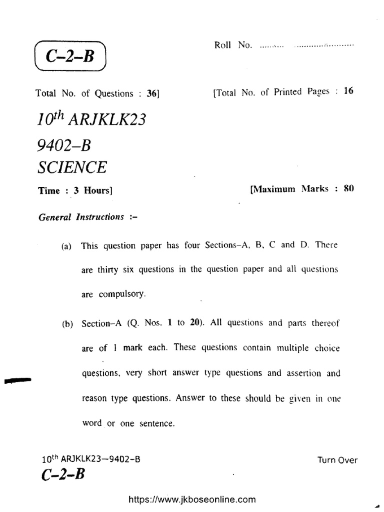 JK Bose Class 10 Science 9402 B 2023 | PDF