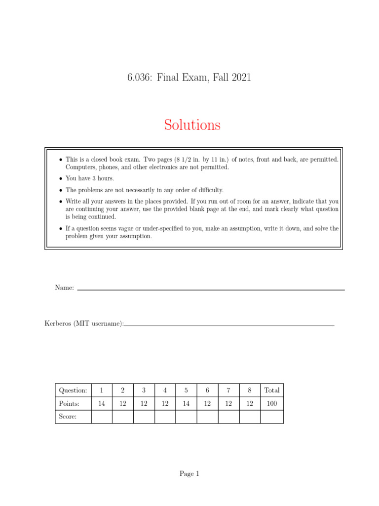 6.036 Final Exam Solutions Fall 2021 | PDF | Matrix (Mathematics ...
