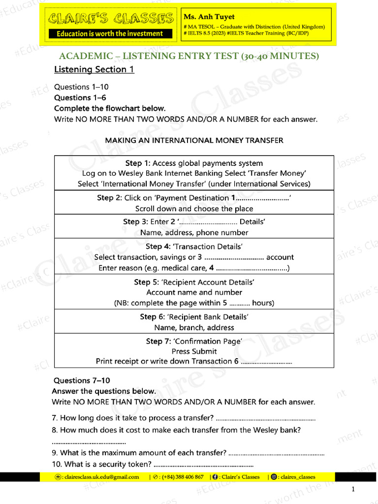 (Claire's Classes) - ACA LISTENING Entry Test | PDF