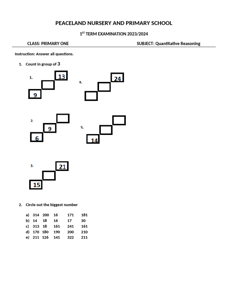 Primary 1 Quantitative Reasoning Exam | PDF