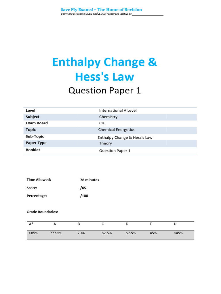 Enthalpy Change & Hess's Law Exam Paper | PDF | Phosphate | Calcium