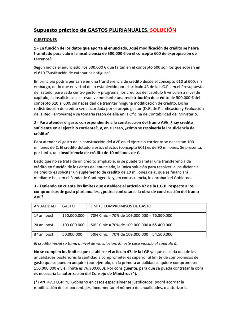SOLUCION. Supuesto Practico de GASTOS PLURIANUALES. Hecho en Clase | PDF
