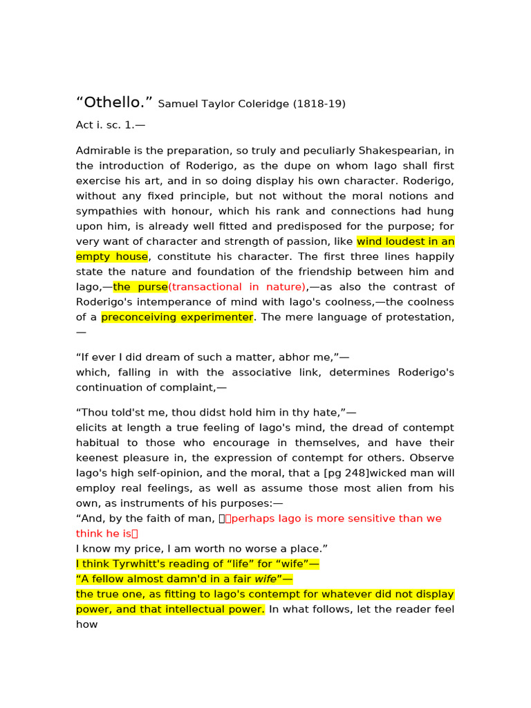 Coleridge on Iago's Manipulation | PDF | Othello | Iago