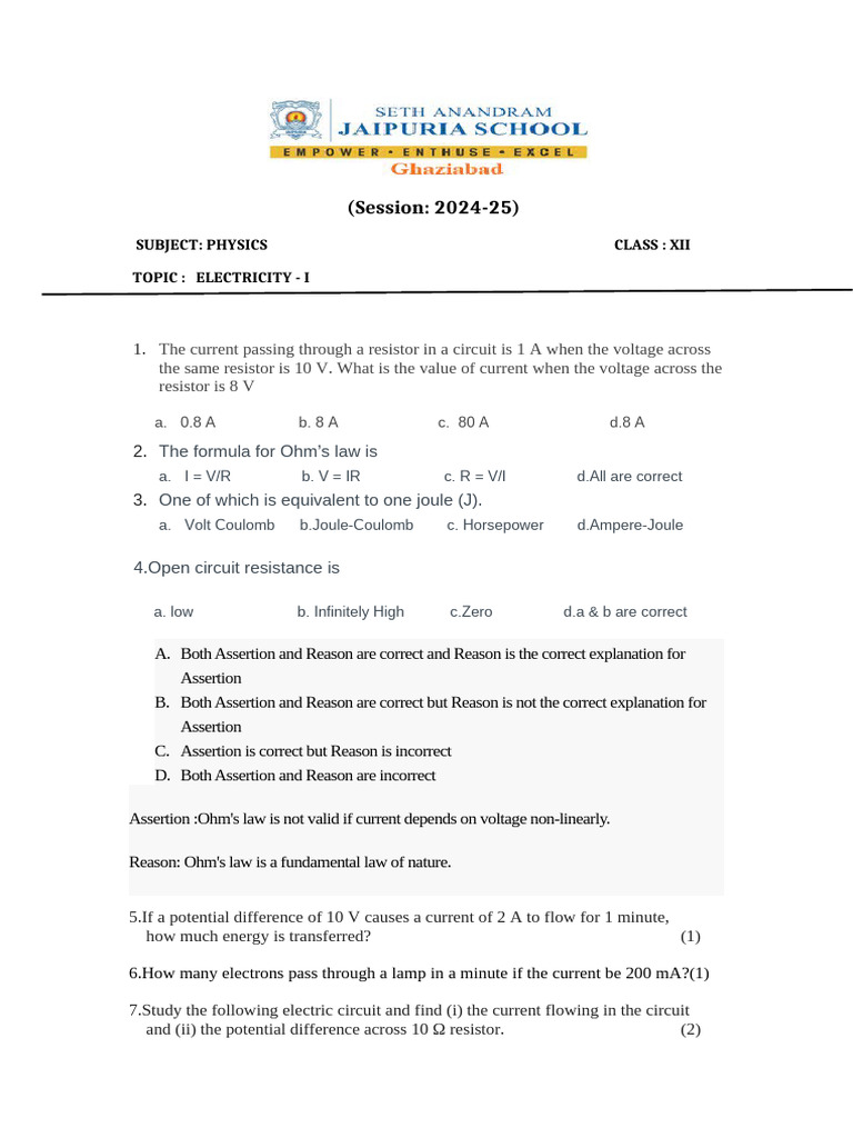 Class XII Physics: Electricity Quiz | PDF