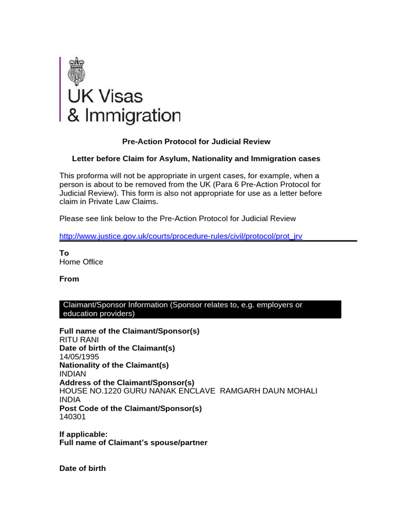 Pre-Action Protocol for Visa Refusal | PDF | Travel Visa | Alternative ...