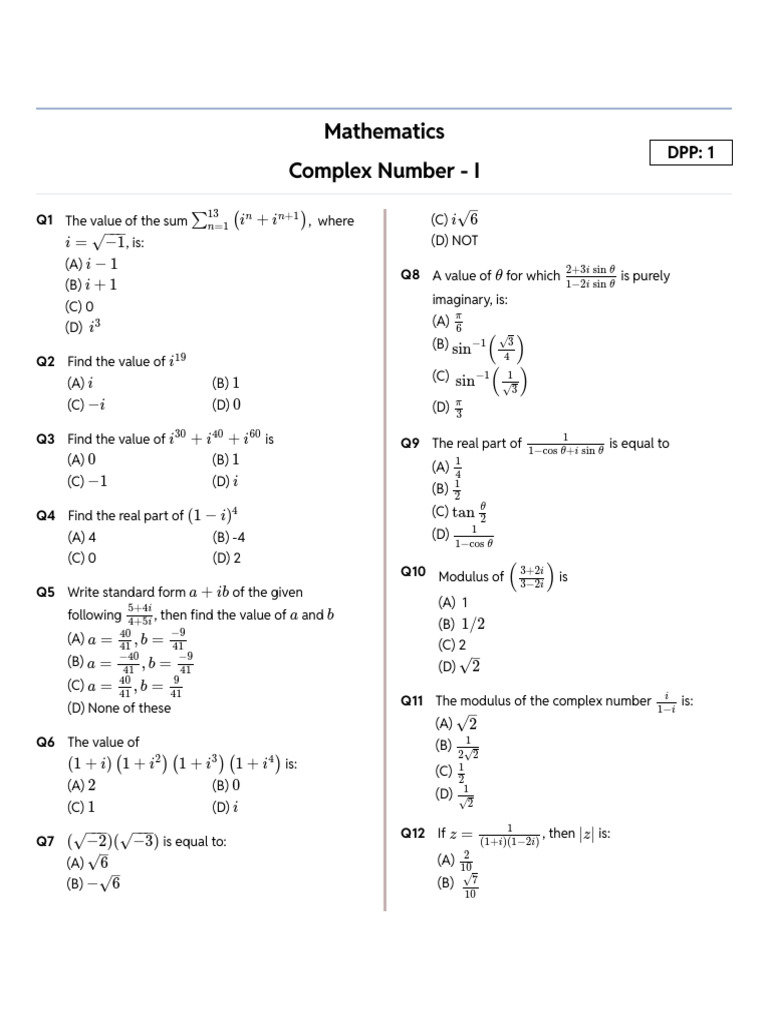 Complex Number -I DPP 01 | PDF | Group Theory | Numbers