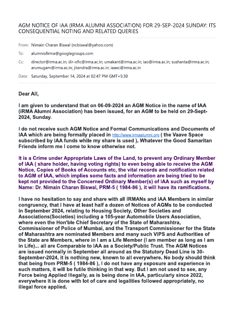 Agm Notice of Iaa and Consequential Noting and Related Queries | PDF