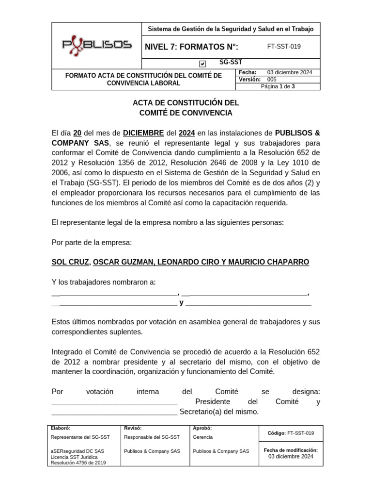1.1.8 - FT-SST-019 Formato Acta de Constitución Del Comité de Convivencia Laboral | PDF | Gobierno