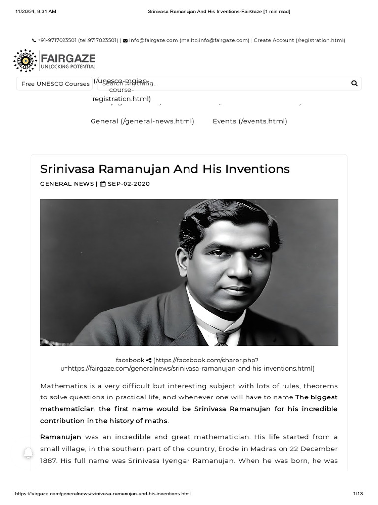 Srinivasa Ramanujan and His Inventions-FairGaze (1 Min Read) | PDF ...