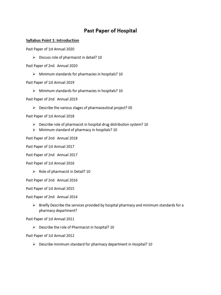 Past Paper Hospital | PDF | Pharmacy | Medicine