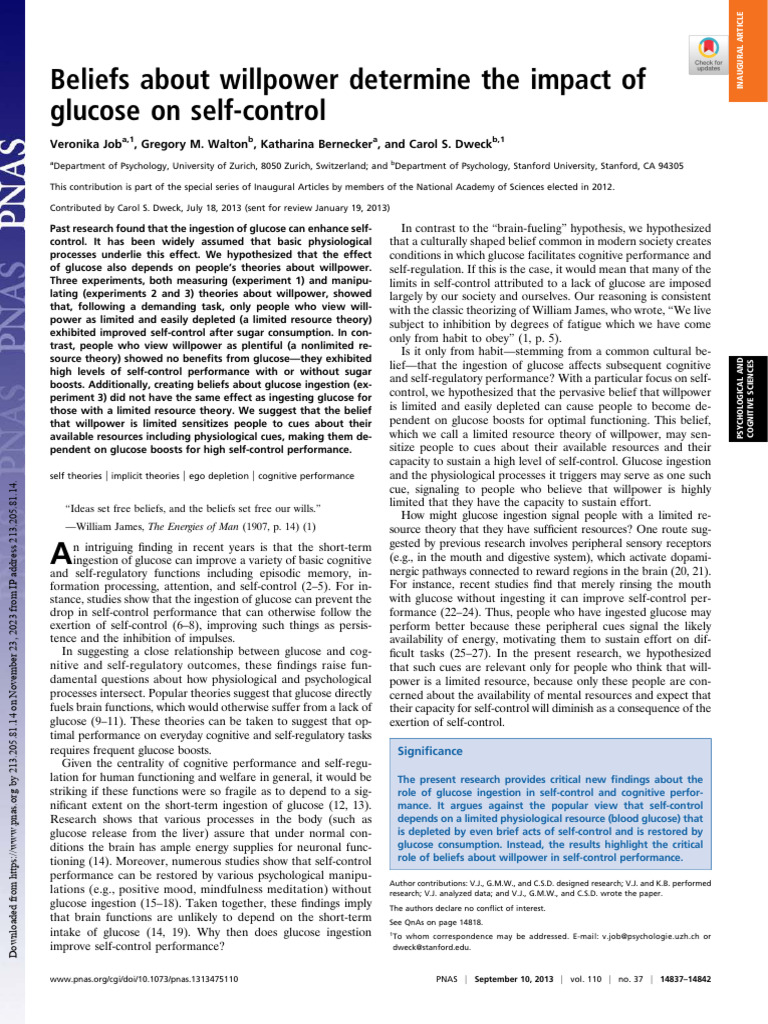 Beliefs About Willpower Determine the Impact of Glucose on Self-control | PDF | Self Control ...