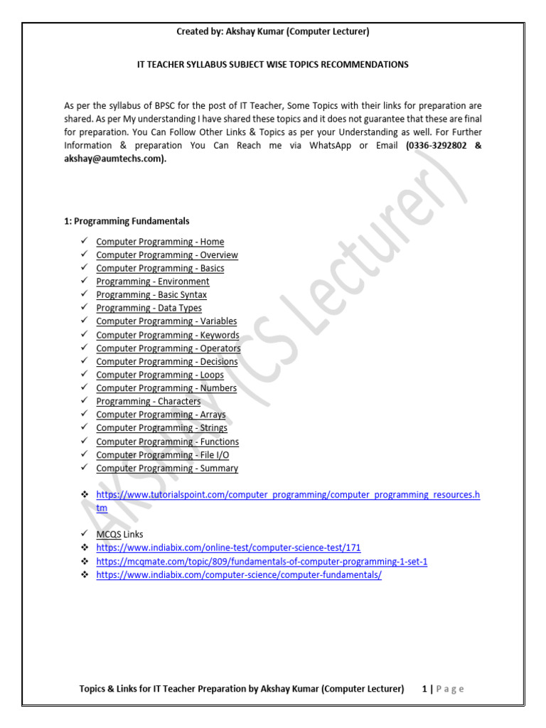 IT Teacher Syllabus Topics Guide | PDF | Databases | Computer Network