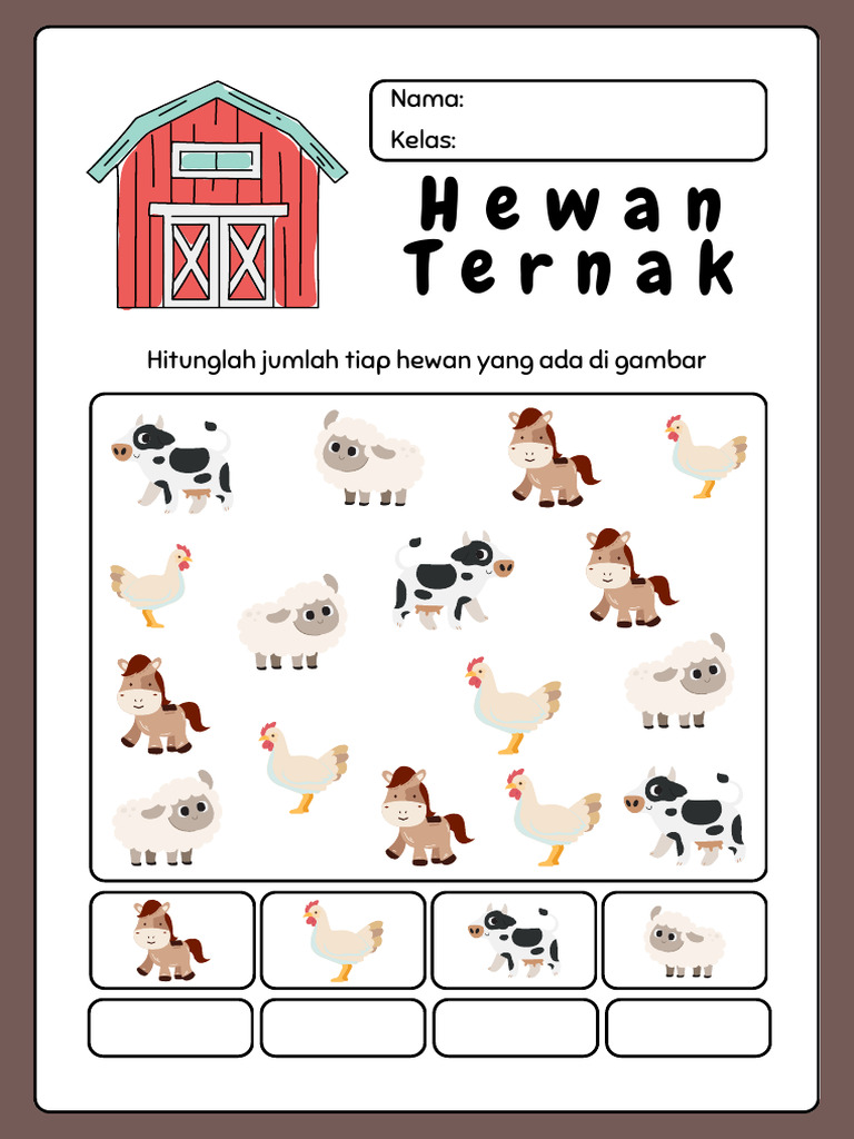 Lembar Kerja Matematika Jumlah Hewan Ternak Coklat Sederhana PDF | PDF