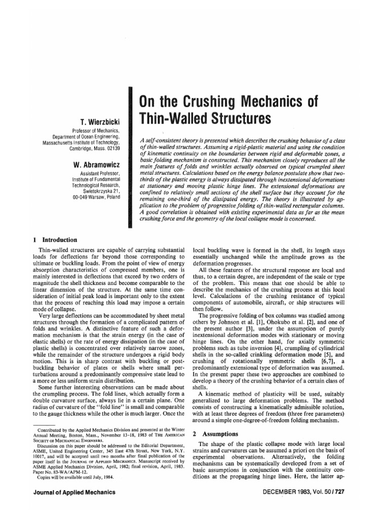 On The Crushing Mechanics of Thin-Walled Structures (Wierzbicky Abramowicz 1983) | PDF ...