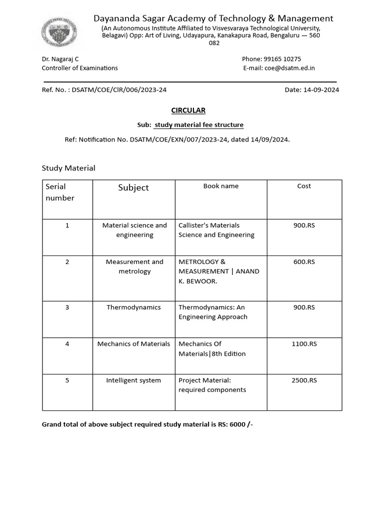 3rd SEM Study Material Fee Structure | PDF