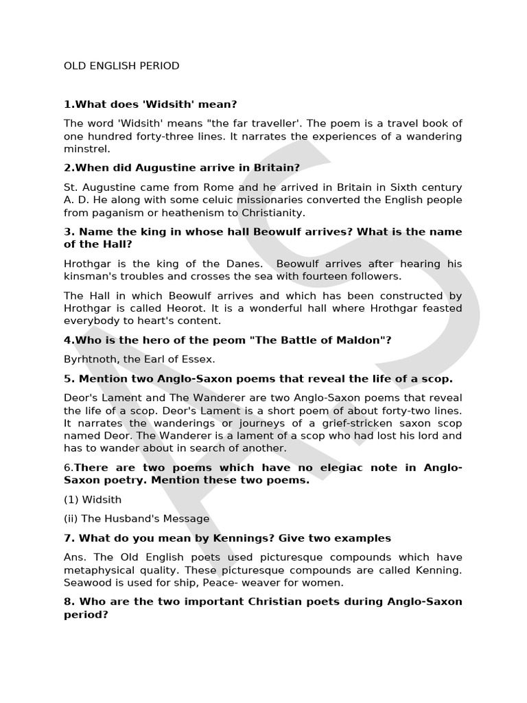 OLD ENGLISH PERIOD Short | PDF | Beowulf | Anglo Saxon England