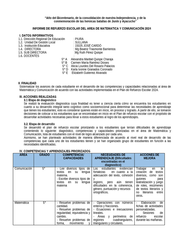 INFORME DE REFUERZO ESCOLAR 2024 | PDF | Aprendizaje | Ciencia cognitiva