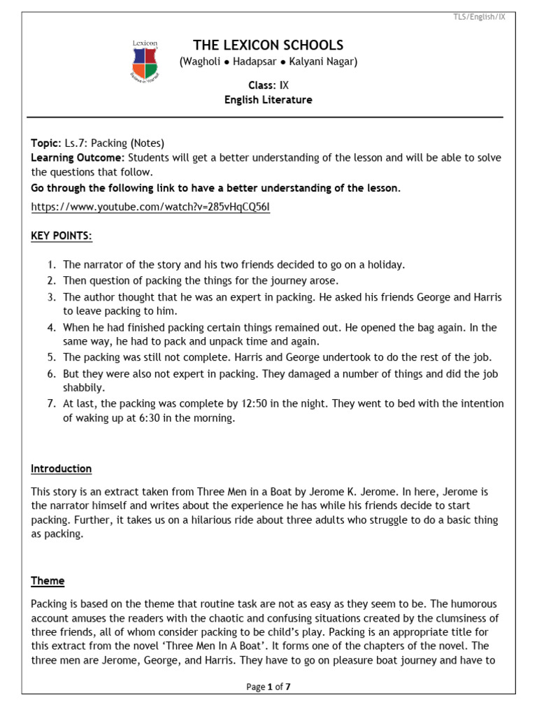 Packing Notes for Class IX English | PDF | Three Men In A Boat