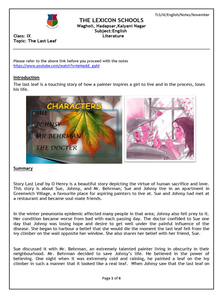 "The Last Leaf: Class IX English Notes" | PDF