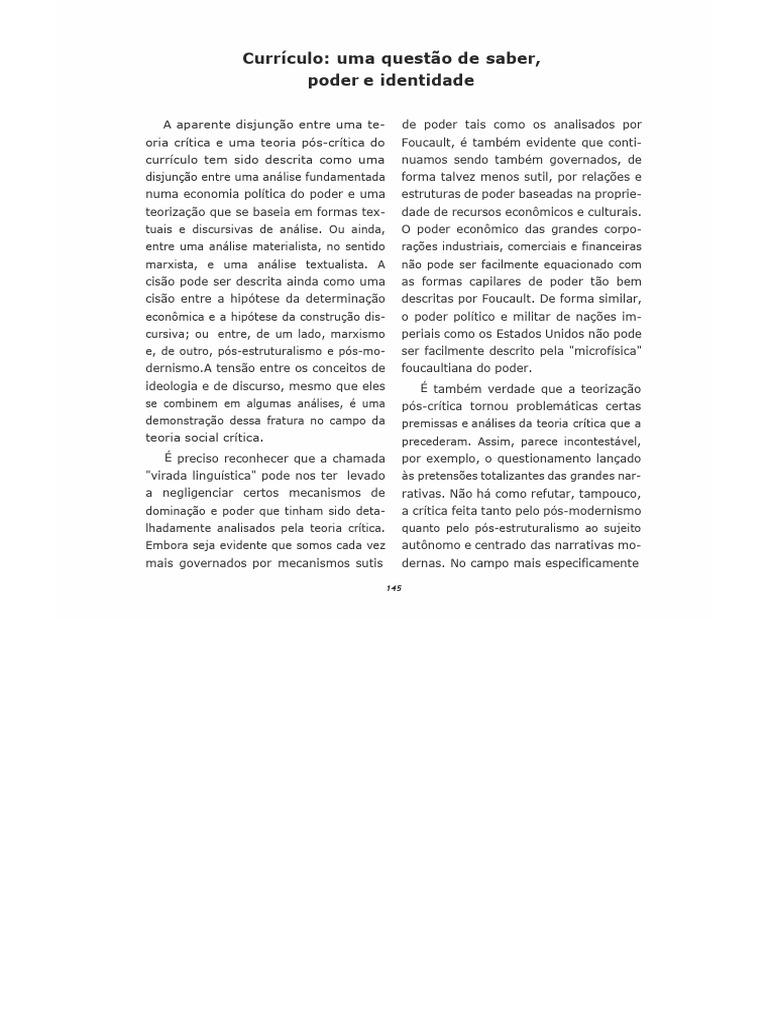 Currículo - Uma Questão de Saber, Poder e Identidade | PDF | Sociologia | Economia