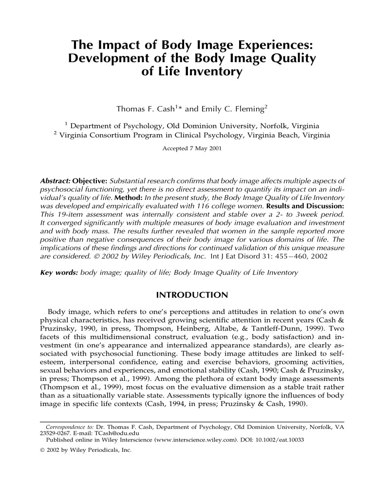Cash. The Impact of Body Image Experiences. Development of The Body ...