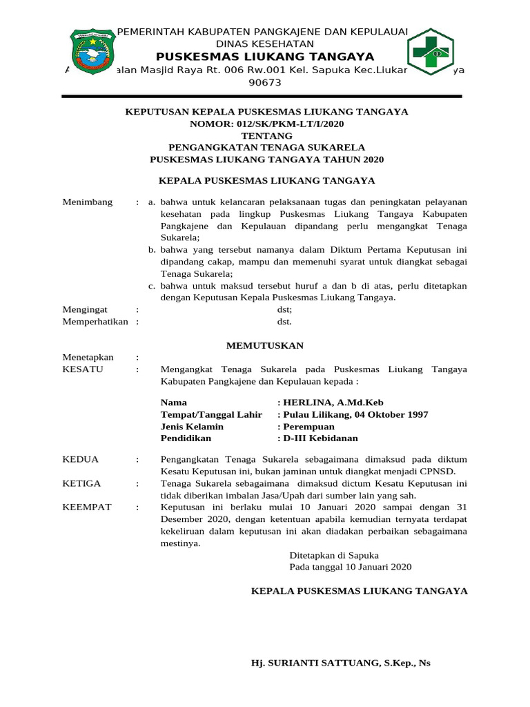 Pengangkatan Tenaga Sukarela Puskesmas 2020 | PDF