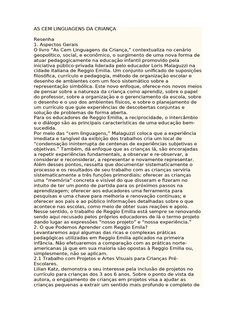 As Cem Linguagens Da Criança | PDF | Pedagogia | Família