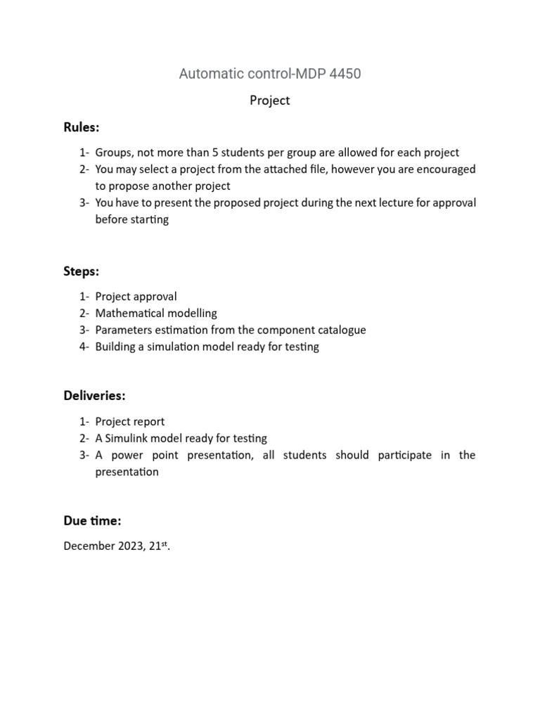 Automatic Control Project Guide | PDF