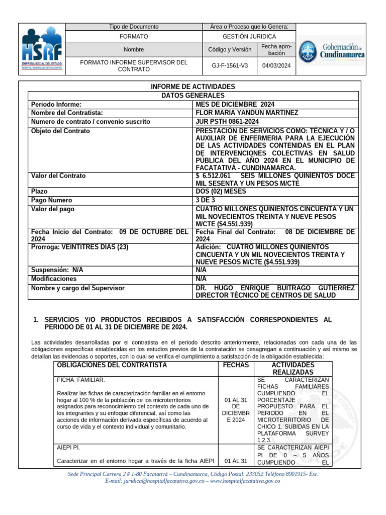 GJ-F-1561-V3 FORMATO INFORME SUPERVISOR DEL CONTRATO Dic Flor | PDF