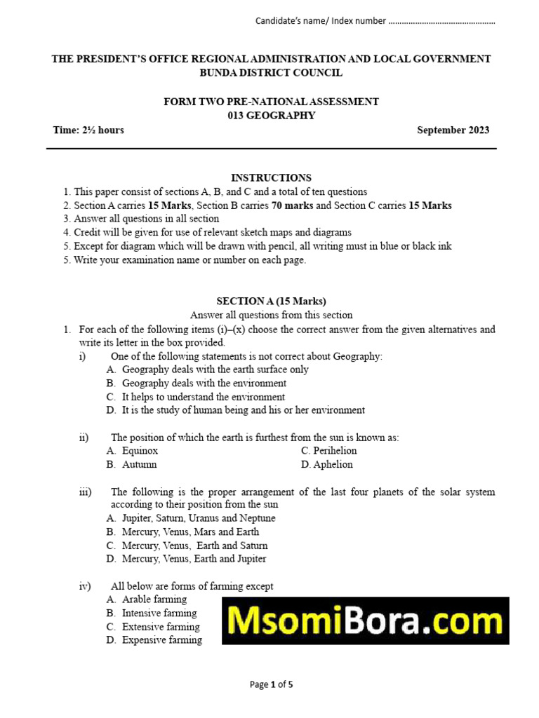 Form Two Geography Assessment 2023 | PDF | Mountains | Mercury (Planet)