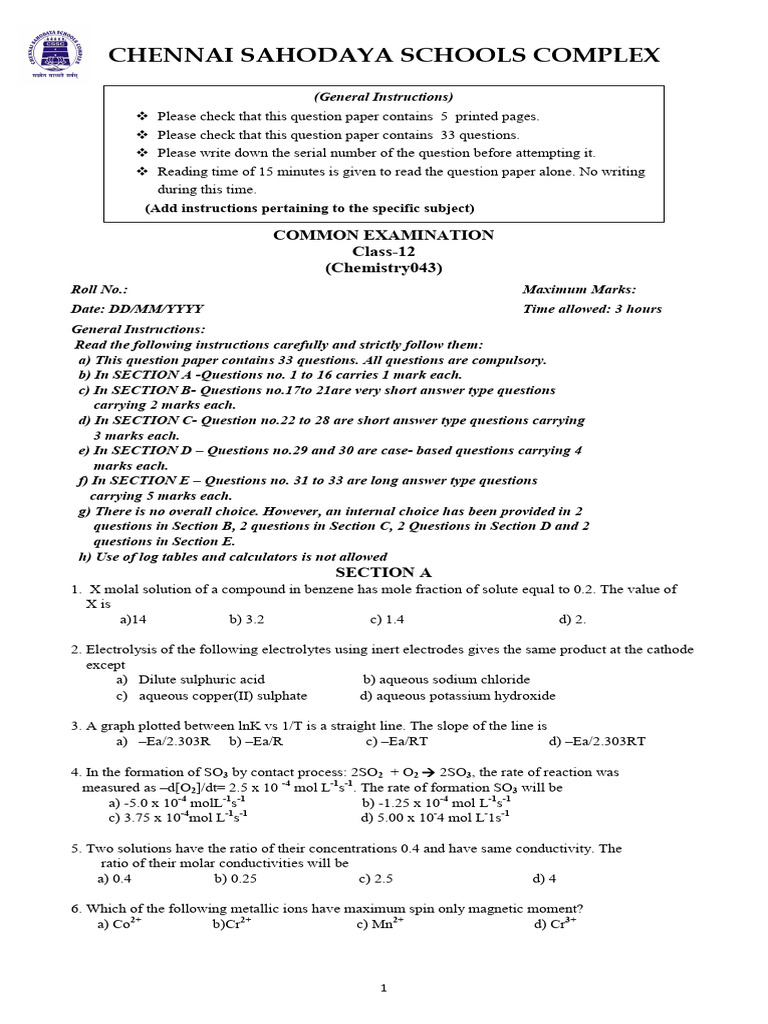 QP Chemistry 12 Practice Paper 2 | PDF | Electrochemistry | Amino Acid