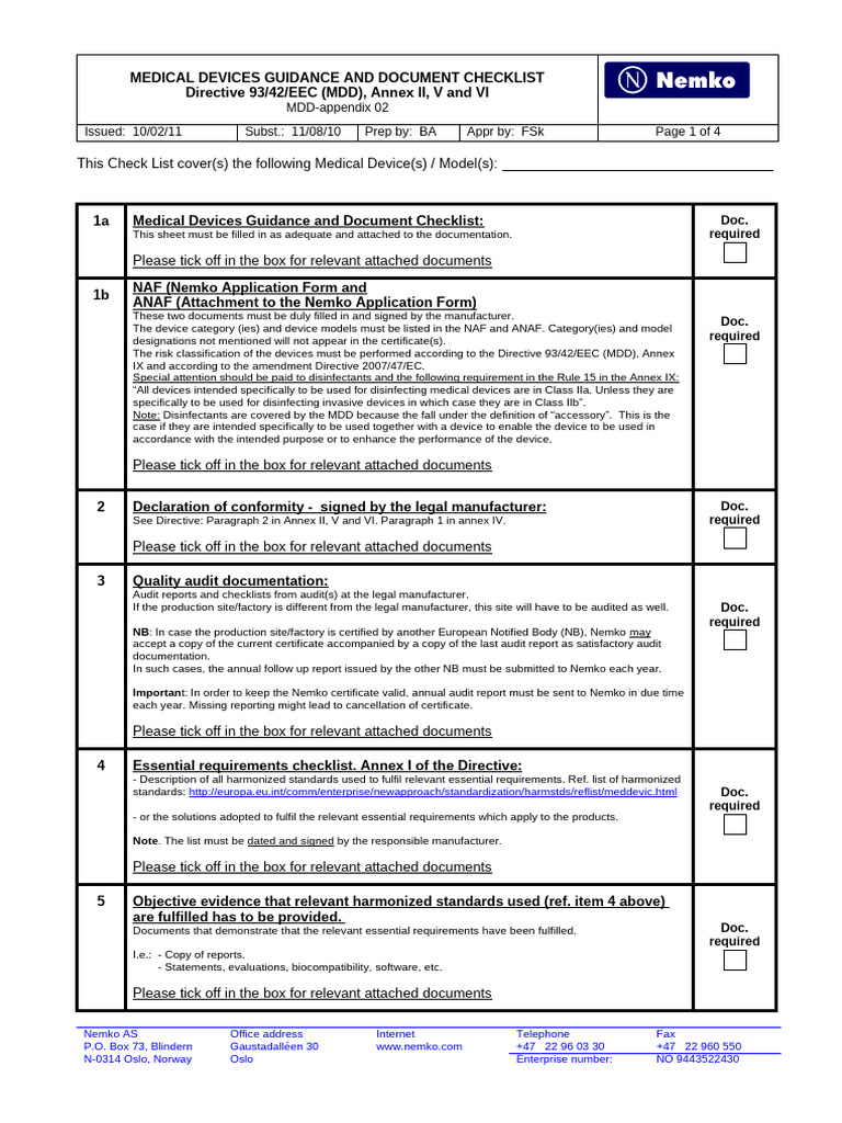 Medical Devices Document Checklist | PDF | Audit | Medical Device