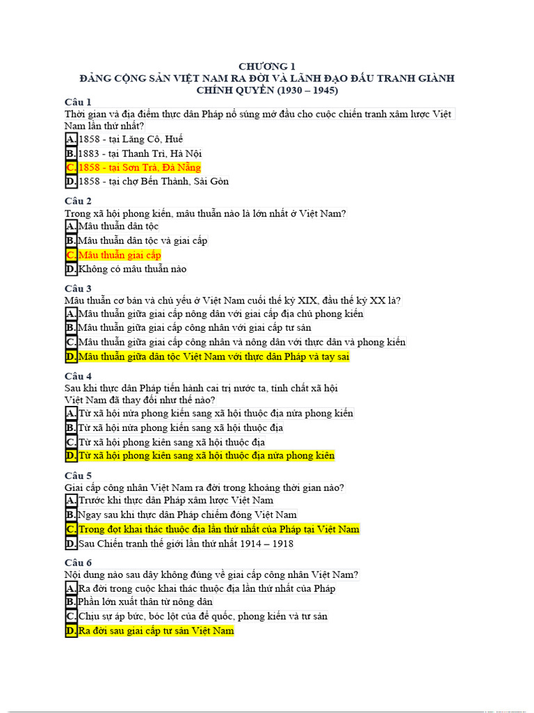 De Cuong On Tap Chuong 1 2 Lich Su Dang Dai Hoc Cong Nghe Giao Thong V 85439 | PDF