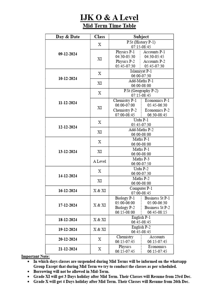IJK O & A Level Mid Term Timetable | PDF | Science