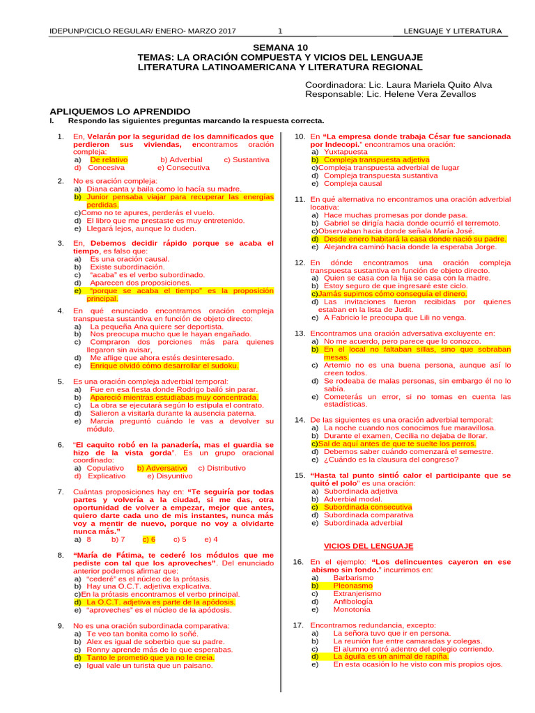 LENGUAJE Y LITERATURA LAURA QUITO ALVA | PDF | Oración (Lingüística ...