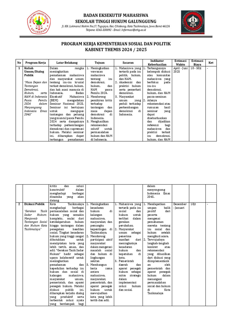 Program Kerja BEM STHG 2024/2025 | PDF