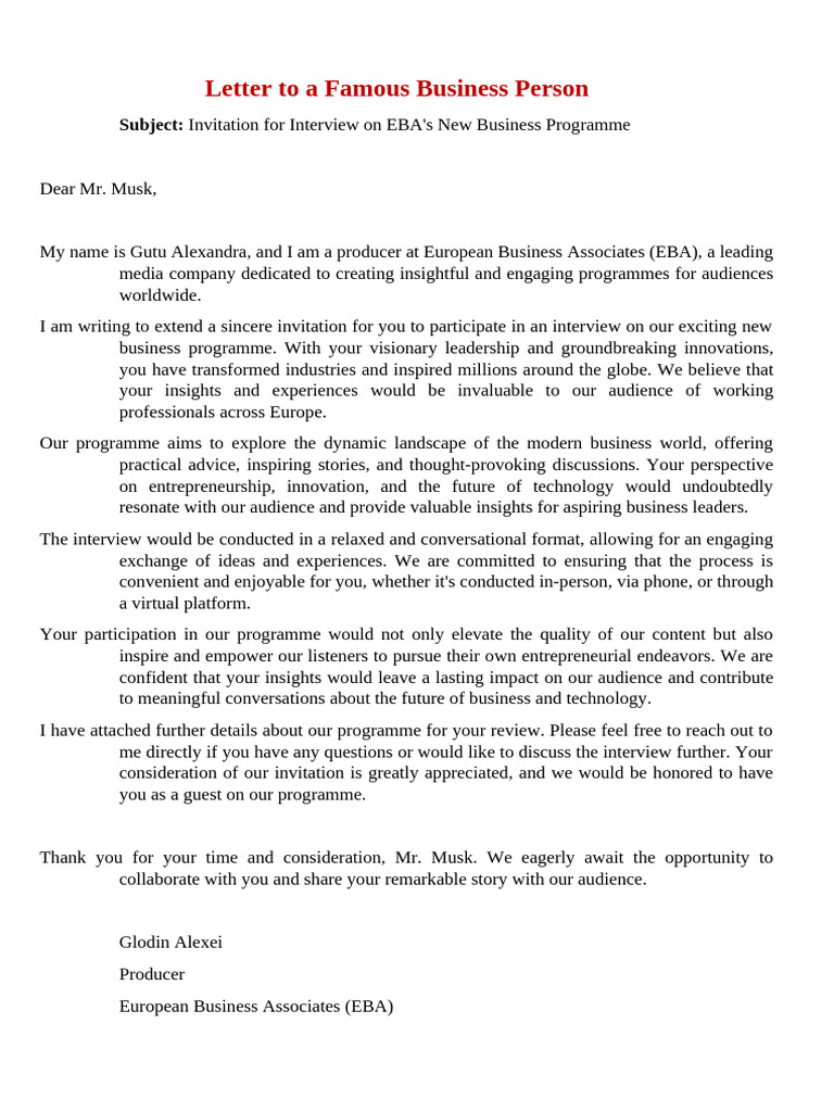 Letter to a Famous Business Person TOPIC 4 PLANNING | PDF
