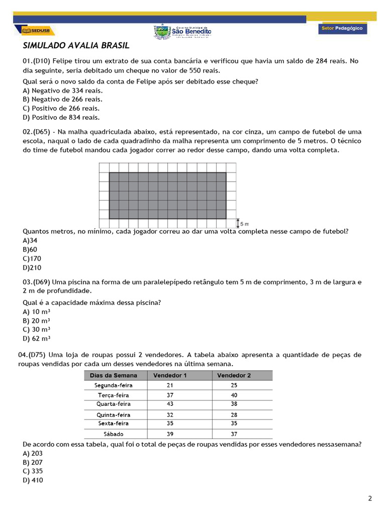 Questões Simulado Avalia Brasil 21 Out | PDF