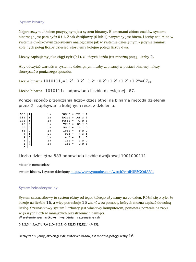 Systemy Liczbowe - Materiał Do Kartkówki | PDF
