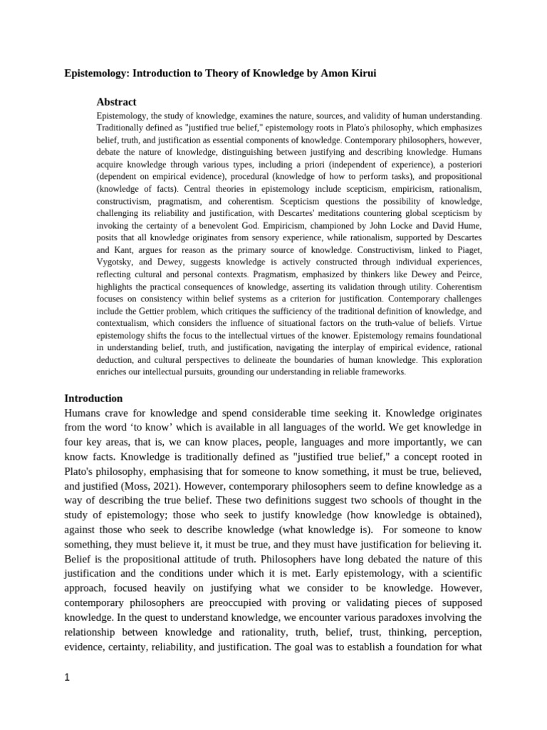 Introduction To Theory of Knowledge (Epistemology) | PDF | Knowledge | Epistemology