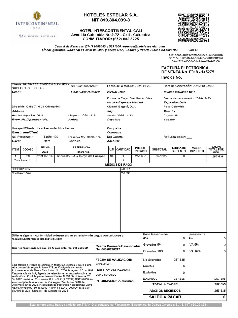 Factura Hotel Intercontinental Cali | PDF | Impuestos | Tecnología financiera