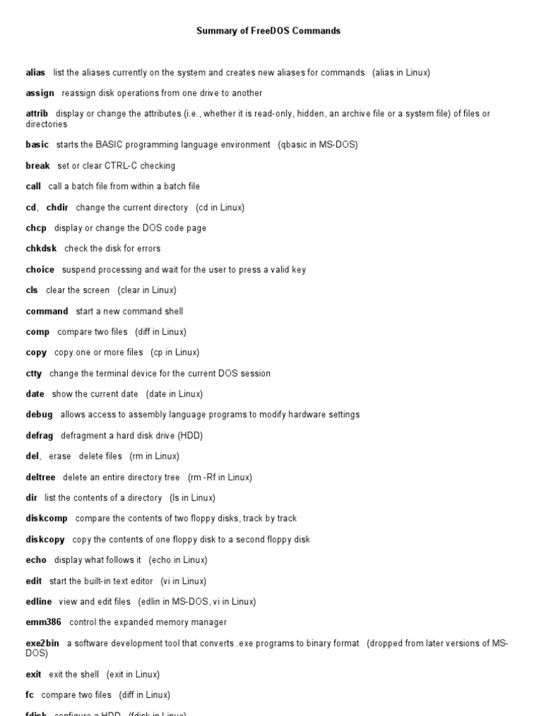 Summary of FreeDOS Commands | PDF | Dos | Computer File