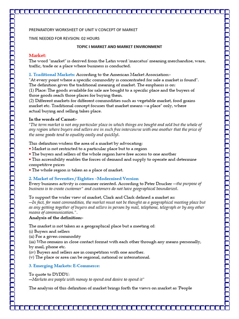 Preparatory Worksheet of Unit V Concept of Market | PDF | Market ...