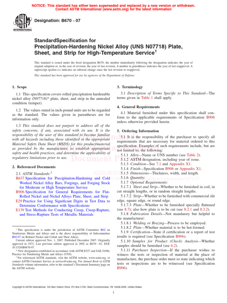 Astm B670 07 | PDF | Heat Treating | Rolling (Metalworking)