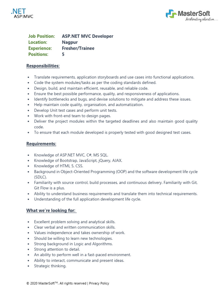 ASP.NET MVC Developer Position in Nagpur | PDF | J Query | Computing