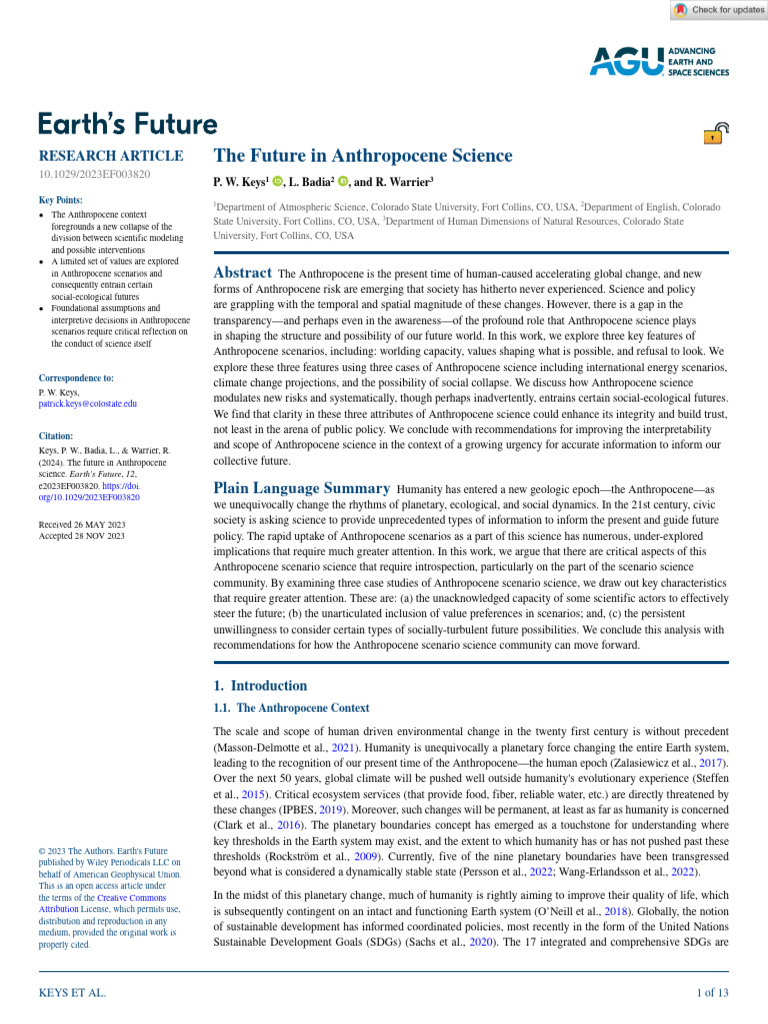 Earth S Future - 2023 - Keys - The Future in Anthropocene Science | PDF ...