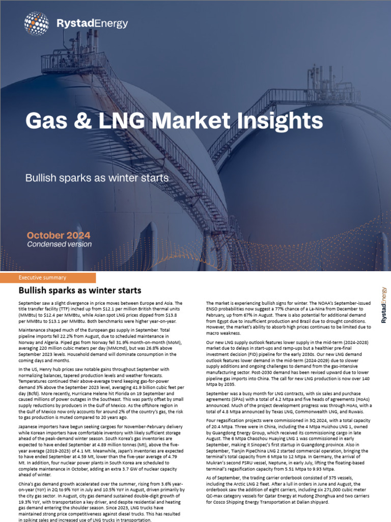 Rystad Energy Gas and LNG Market Insights October 2024 Condensed Report | PDF | Liquefied ...