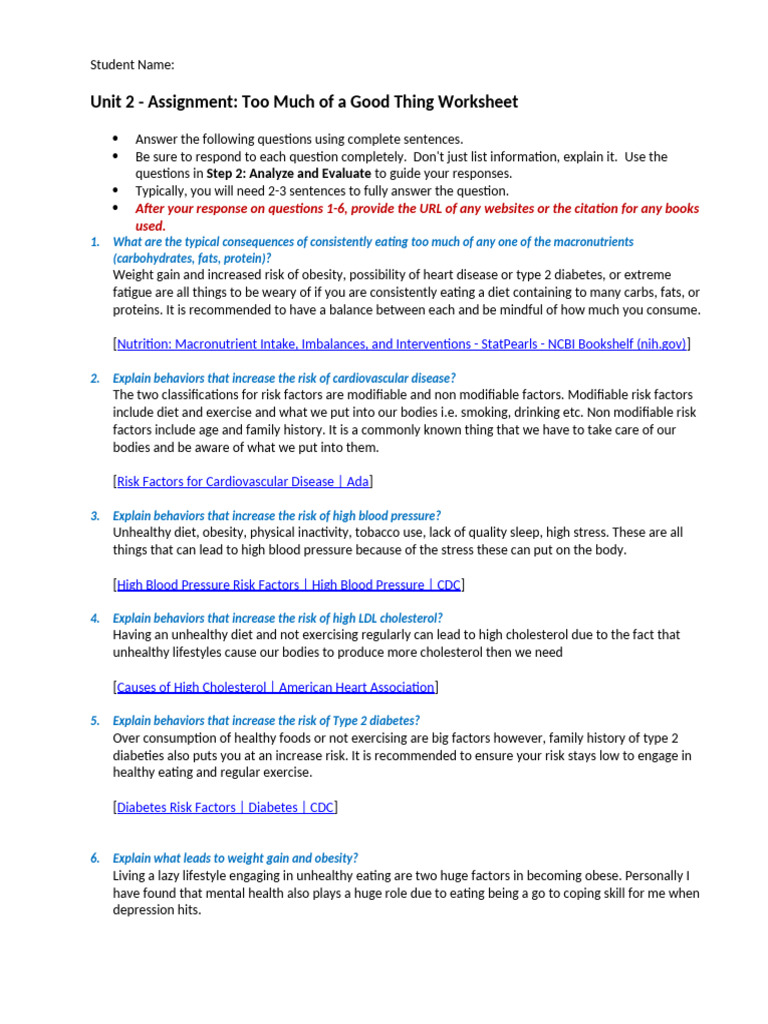 2-ASSIGN Too-Much Worksheet | PDF | Healthy Diet | Obesity